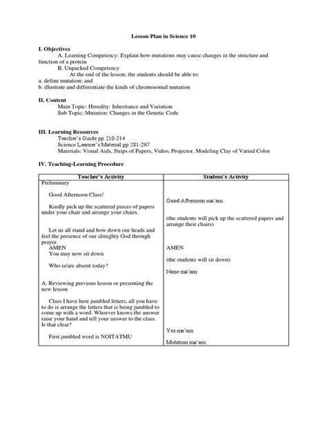 Lesson Plan In Science 10 Mutation Pdf Mutation Gene