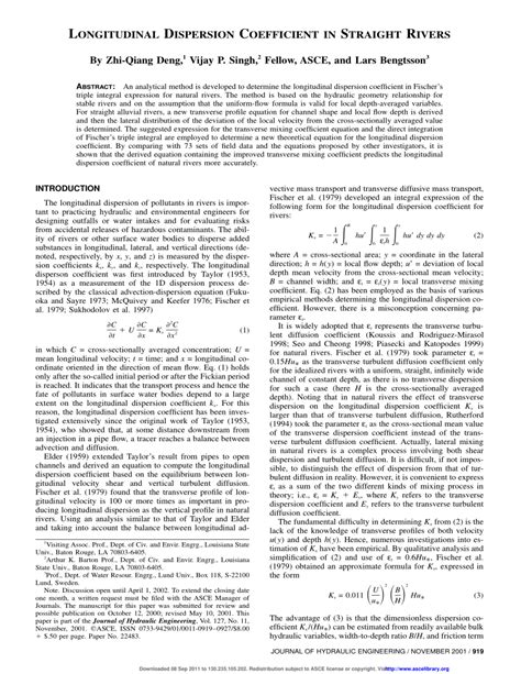 Pdf Longitudinal Dispersion Coefficient In Straight Rivers