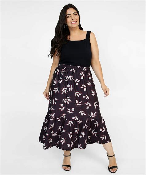 Saia Plus Size Midi Feminina Folhas Marisa