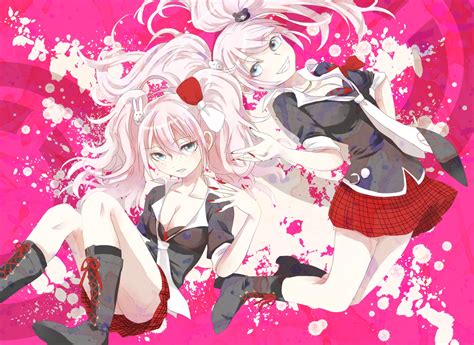 2girls Blue Eyes Boots Breasts Cleavage Dangan Ronpa Enoshima Junko Ikusaba Mukuro Pimgier Pink