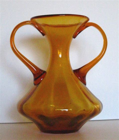 Large Vintage Hand Blown Amber Glass Art Glass Vase 2 Handled