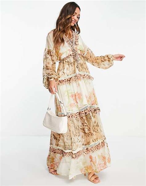 Asos Design Gestuftes Strukturiertes Maxikleid Mit Rüschen Print