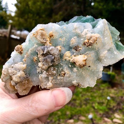 370g Druzy White Quartz Over Green Fluorite With Yellow Calcite Crystal