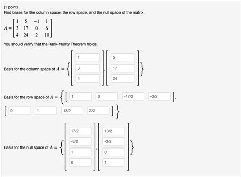 Solved 1 Point Find Bases For The Column Space The Row