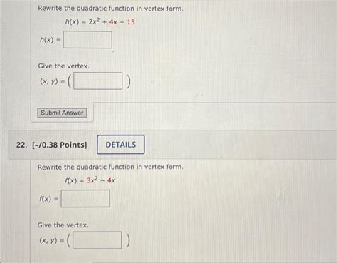 Rewrite The Quadratic Function In Vertex Form Chegg