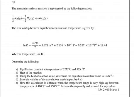 Solved Q The Ammonia Synthesis Reaction Is Represented By Chegg