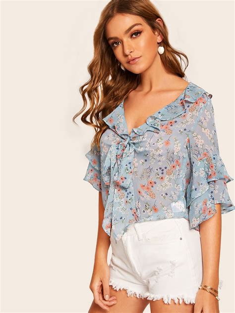 Shein Knot Front Ruffle Trim Floral Top Floral Tops Blouses For