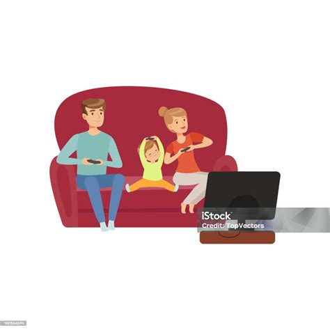 엄마 아빠와 그들의 작은 아들 소파에 앉아서 Tv 행복 한 가족 및 양육 개념 보고 흰색 배경에 그림을 벡터 가족에 대한 스톡