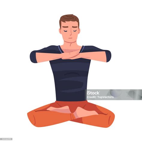 명상을 하는 남자 캐릭터는 연꽃 포즈를 취하며 마음챙김 벡터 일러스트레이션을 연습한다 들이마심에 대한 스톡 벡터 아트 및 기타