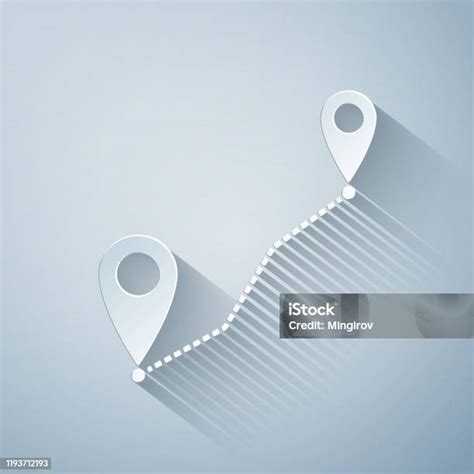회색 배경에 격리 된 경로 위치 아이콘을 잘라내기 지도 포인터 기호입니다 경로 또는 도로의 개념입니다 Gps 네비게이터 종이 아트 스타일입니다 벡터 일러스트레이션 3차원
