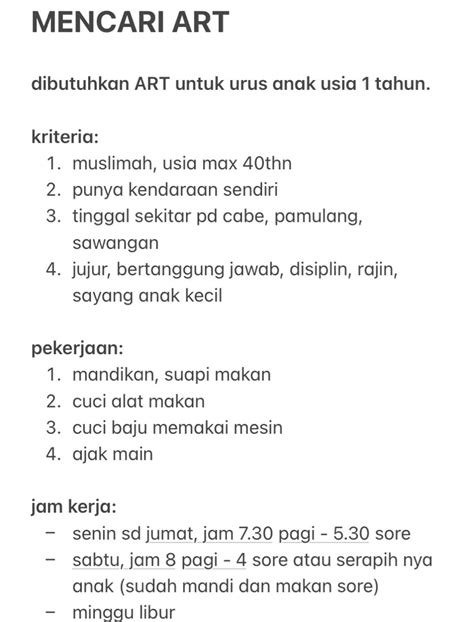 DIBUTUHKAN SEGERA ART PULANG PERGI Pekerjaan Part Time Kebersihan Di