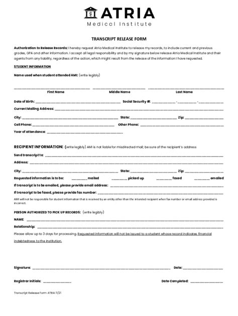 Fillable Online Transcript Records Release Form Fax Email Print