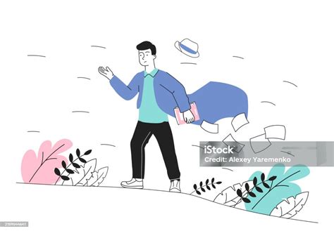 바람이 많이 부는 날씨에 남자 젊은 남자는 서류와 모자를 잃어버립니다 가을과 가을 시즌 강한 바람의 흐름에 시달리는 사람 도시