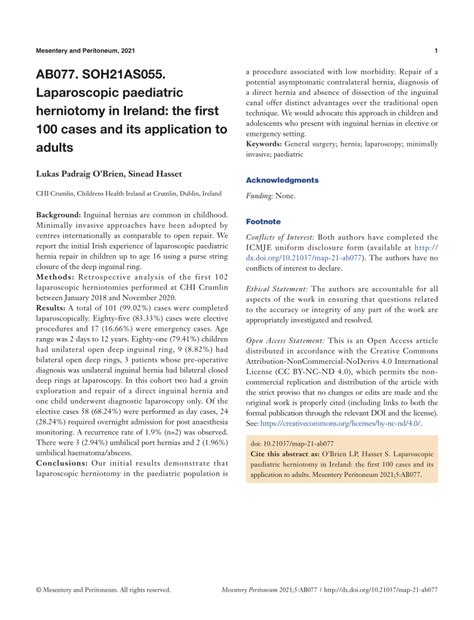 Pdf Ab077 Soh21as055 Laparoscopic Paediatric Herniotomy In Ireland