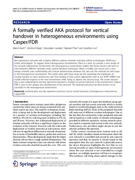 Pdf A Formally Verified Aka Protocol For Vertical Handover In Heterogeneous Environments Using