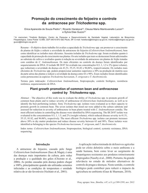 Pdf Plant Growth Promotion Of Common Bean And Anthracnose Control By Trichoderma Spp