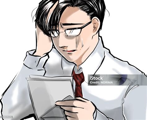 안경을 쓰고 있는 젊은 사무직 근로자의 만화 스타일의 일러스트로 인보이스를 보고 충격을 받고 창백한 모습을 볼 수 있습니다 감상성에 대한 스톡 벡터 아트 및 기타 이미지