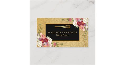 Floral Gold Glitter Bakery Chef Whisk Logo Business Card Zazzle