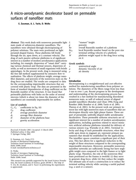 Pdf A Micro Aerodynamic Decelerator Based On Permeable Surfaces Of