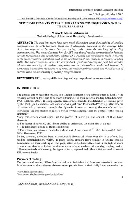 Pdf New Developments In Teaching Reading Comprehension Skills To Efl Learners