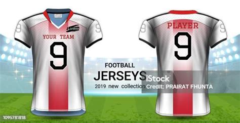 미식 축구 또는 축구 유니폼 유니폼 현실적인 그래픽 프레 젠 테이 션 이랑 서식 파일 아트 워크 텍스트 이미지 로고를 적용할 쉬운 가능성에 대 한 전면 및 후면 보기를