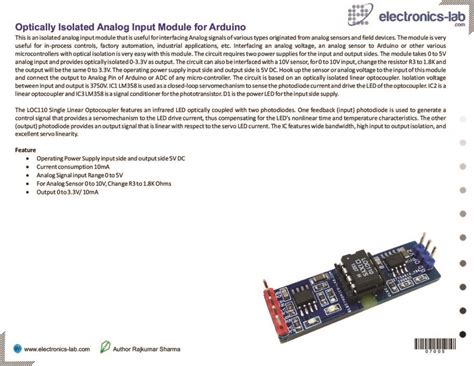 Optically Isolated Analog Input Module For Arduino Electronics