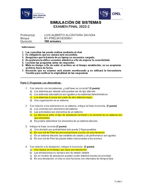 Eg Examen Final Simulación De Sistemas 2022 02 Pdf Simulación Software