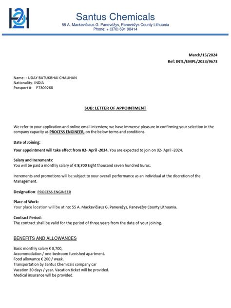 Appointment Letter For Uday Batukbhai Chauhan Pdf Employment Business