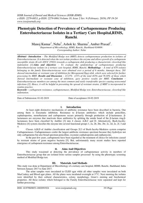 Pdf Phenotypic Detection Of Prevalence Of Carbapenemase Producing Enterobacteriaceae Isolates