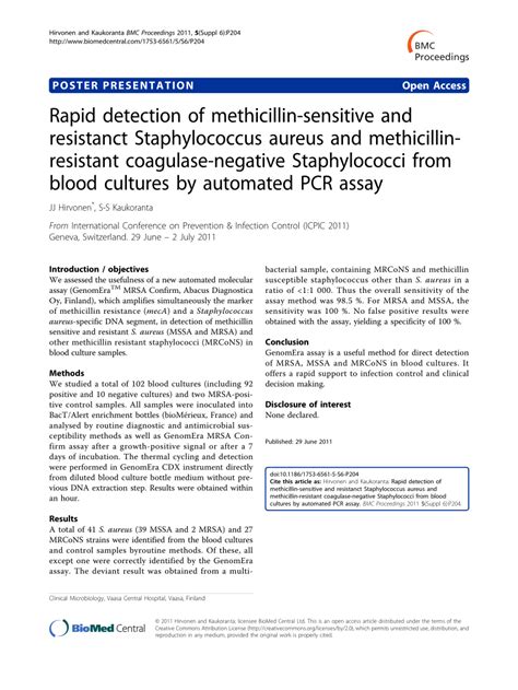 Pdf Rapid Detection Of Methicillin Sensitive And Resistanct Staphylococcus Aureus And