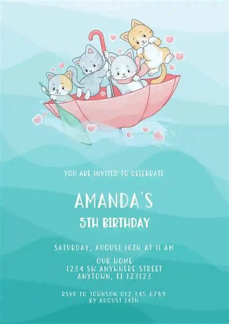 귀여운 파스텔 새끼 고양이 무료 어린이 생일 초대장 템플릿 Invitanku