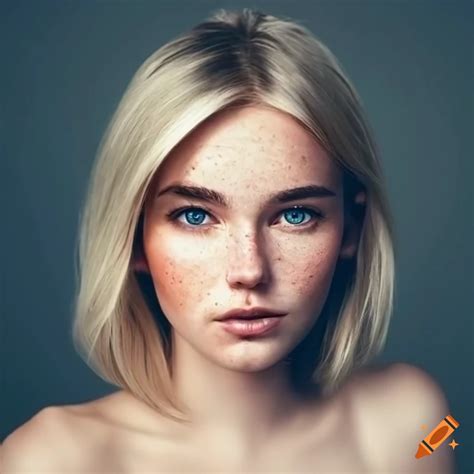 Beautiful Young Woman Shoulder Length Blonde Hair Very Light Freckles