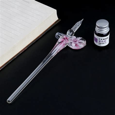 Easy To Take Embedded Floral Pattern Crystal Floral Glass Dip Pen Sign Ink Handmade Pens With