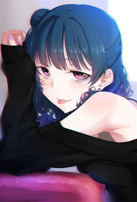 Safebooru 1girl P Armpits Bangs Black Shirt Blue Hair Blush Breast Press Chromatic Aberration