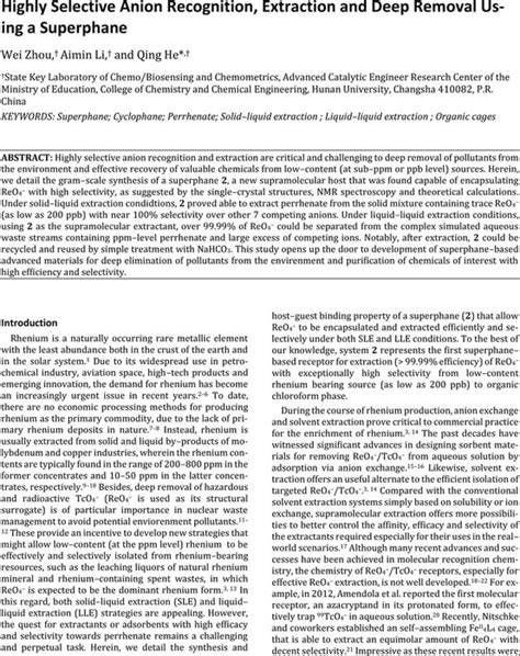 Highly Selective Anion Recognition Extraction And Deep Removal Using A Superphane Organic