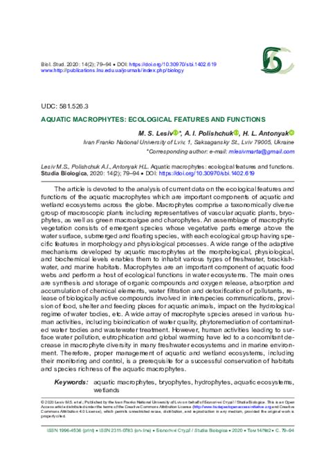 Pdf Aquatic Macrophytes Ecological Features And Functions