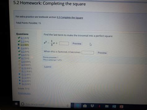 Solved Homework Completing The Square For Extra Chegg Com
