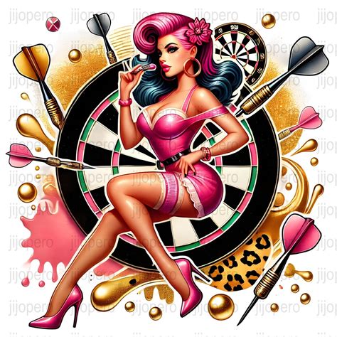Pin Up Darts PNG Retro Darts Girl Clipart Vintage Dartboard Art Pinup Girl With Darts