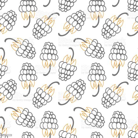 작은 나무 딸기 흰색 배경에 윤곽선 베리가있는 원활한 패턴 벡터 일러스트레이션 열매가있는 여름 디자인 손으로 잉크 낙서 스타일을