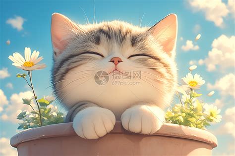 猫咪在花盆上打盹插画图片下载 正版图片601102661 摄图网