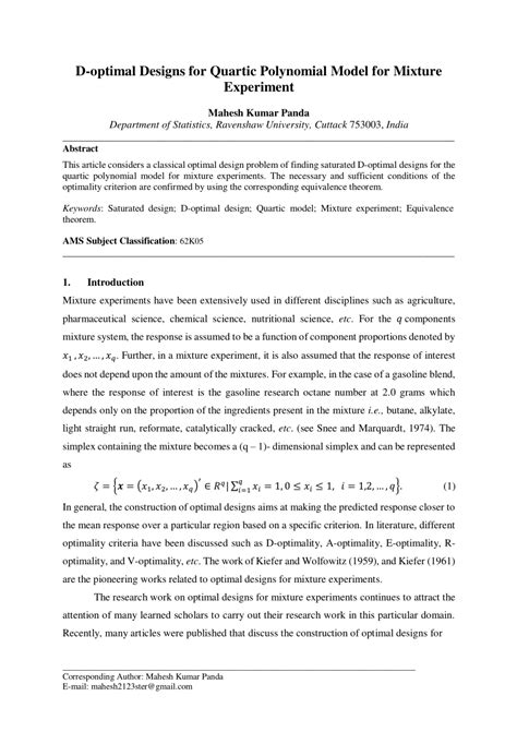 Pdf D Optimal Designs For Quartic Polynomial Model For Mixture Experiment