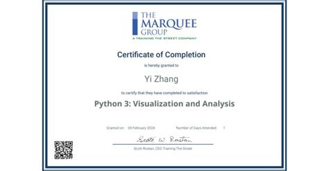 Certificate For Python 3 Visualization And Analysis Issued By Training The Street To Yi Zhang