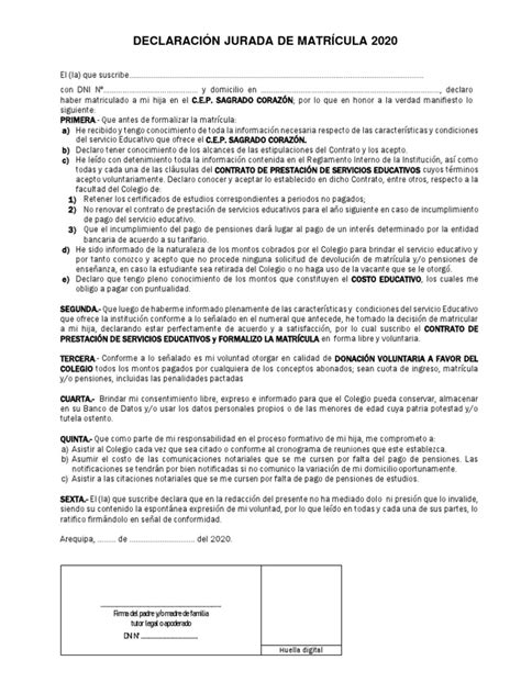 Declaración Jurada De Matrícula 2020pdf Pdf Gobierno