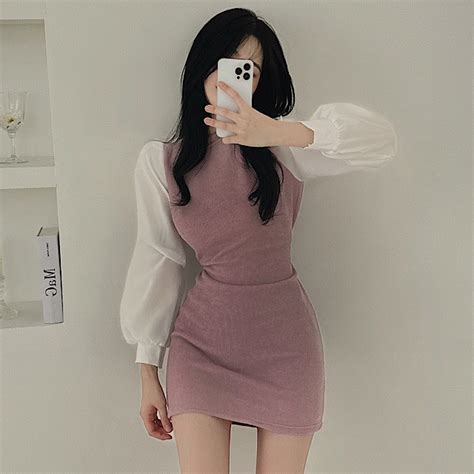 [여친룩 귀염청순핏] 슈 퍼프 배색 허리끈 니트 미니원피스 3color 에이블리