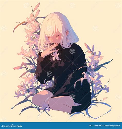 Elegant Anime Girl With White Hair Surrounded By White Lilies In A