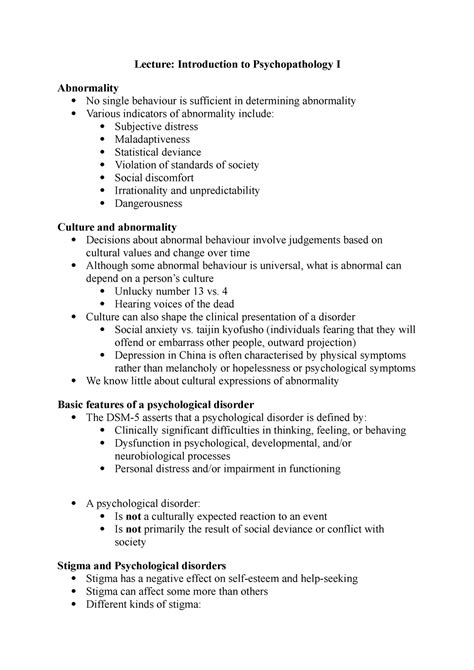 PSYU3337 Wk2 Lecture Notes Lecture Introduction To Psychopathology I