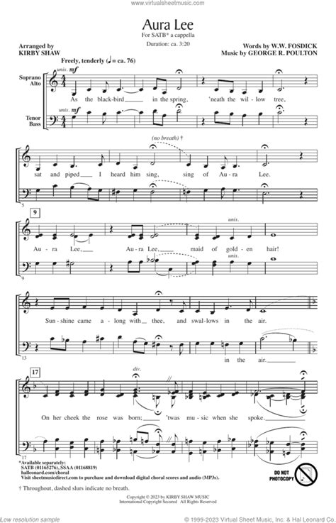 Aura Lee Arr Kirby Shaw Sheet Music For Choir Satb Soprano Alto