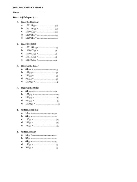 Soal Latihan Informatika Kelas 8 Biner Desimal Oktal Pdf