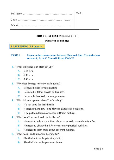 MID TERM TEST 1 Semester 1 Full Name
