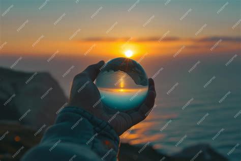Cropped Hand Holding Sphere With Upside Down Reflection Of Sky And Sea